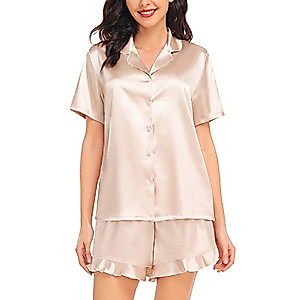 SWOMOG Satin Pajamas Women's Short Sleeve Sleepwear Ladies Silk Button Down Nightwear Pjs Shorts Set with Ruffle Hem Champagne