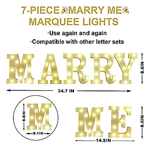 JUICYRAUL 7 LED Marquee Letter Lights Marry Me Sign，Marry Me LED Marquee Letter Lights，Marry Me Light up Letter Numbers for Romantic Proposal, Wedding Sign, Engagement Sign