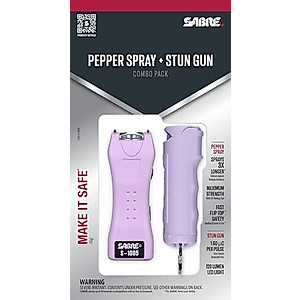 SABRE Pepper Spray & 2-in-1 Stun Gun with Flashlight, Self Defense Kit, Fast Flip Top Safety, Finger Grip for Better & Faster Aim, Painful 1.60 µC Charge, 120 Lumen LED Light, Rechargeable, 0.54 fl oz