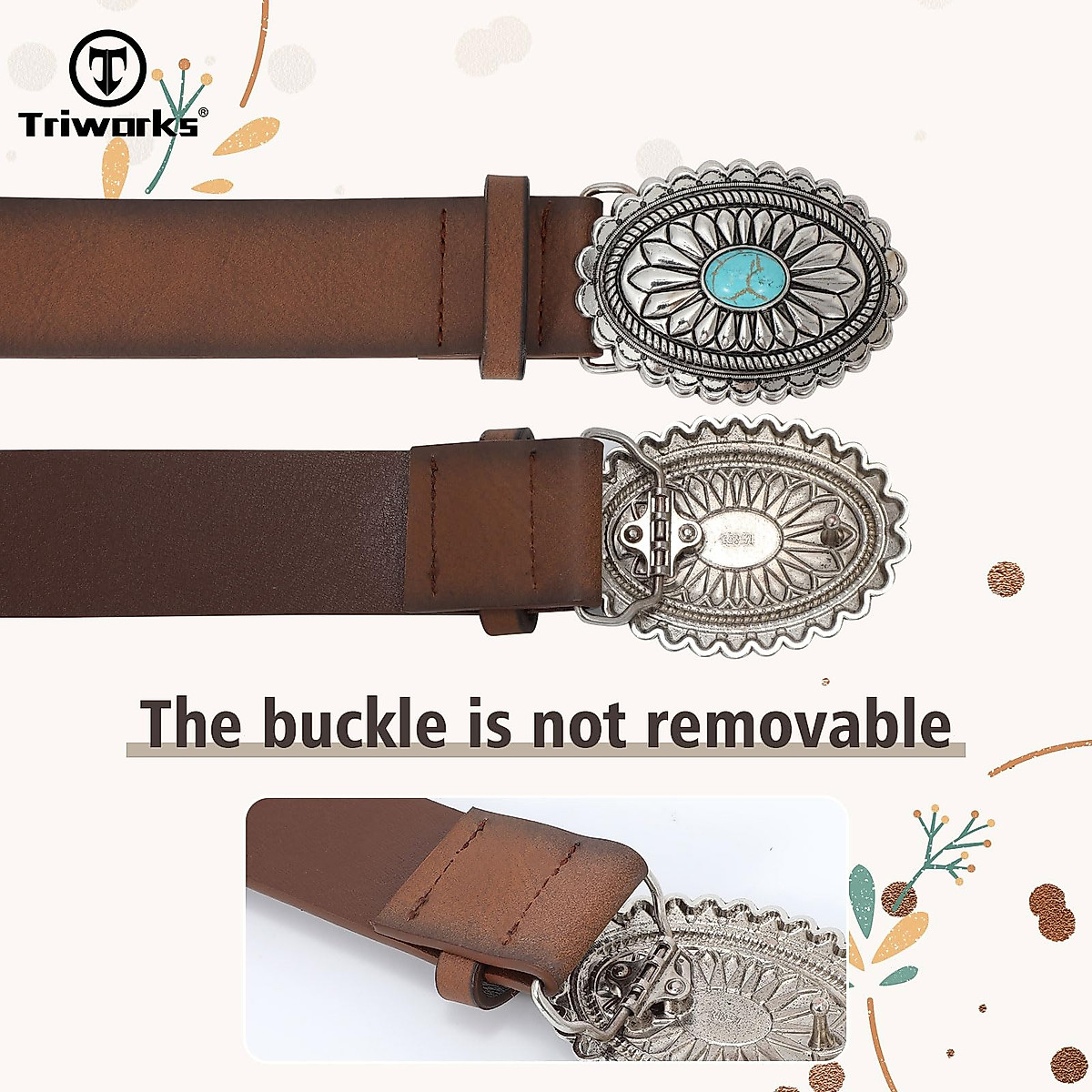 TRIWORKS Women's Western Leather Belt Vintage Medieval Turquoise Buckle Belt Ladies Cowgirl Concho Leather Belt