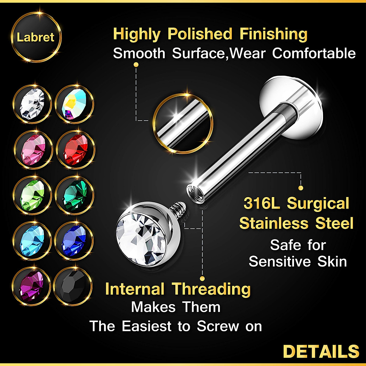 BanaVega 2PCS Steel Internally Threaded Labret 16g 1/4 6mm 3mm Clear Crystal Marilyn Monroe Lip Earrings Tragus Piercing Jewelry 0273