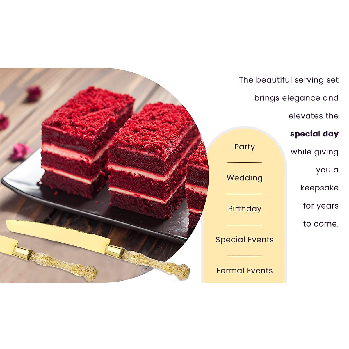 Homi styles Wedding Cake knife and Server Set | Glitter Gold Color Premium 420 Stainless Steel Titanium gold plated Blades | Cake & Pie Serving Set for Wedding Cake, Birthdays, Anniversaries, Parties