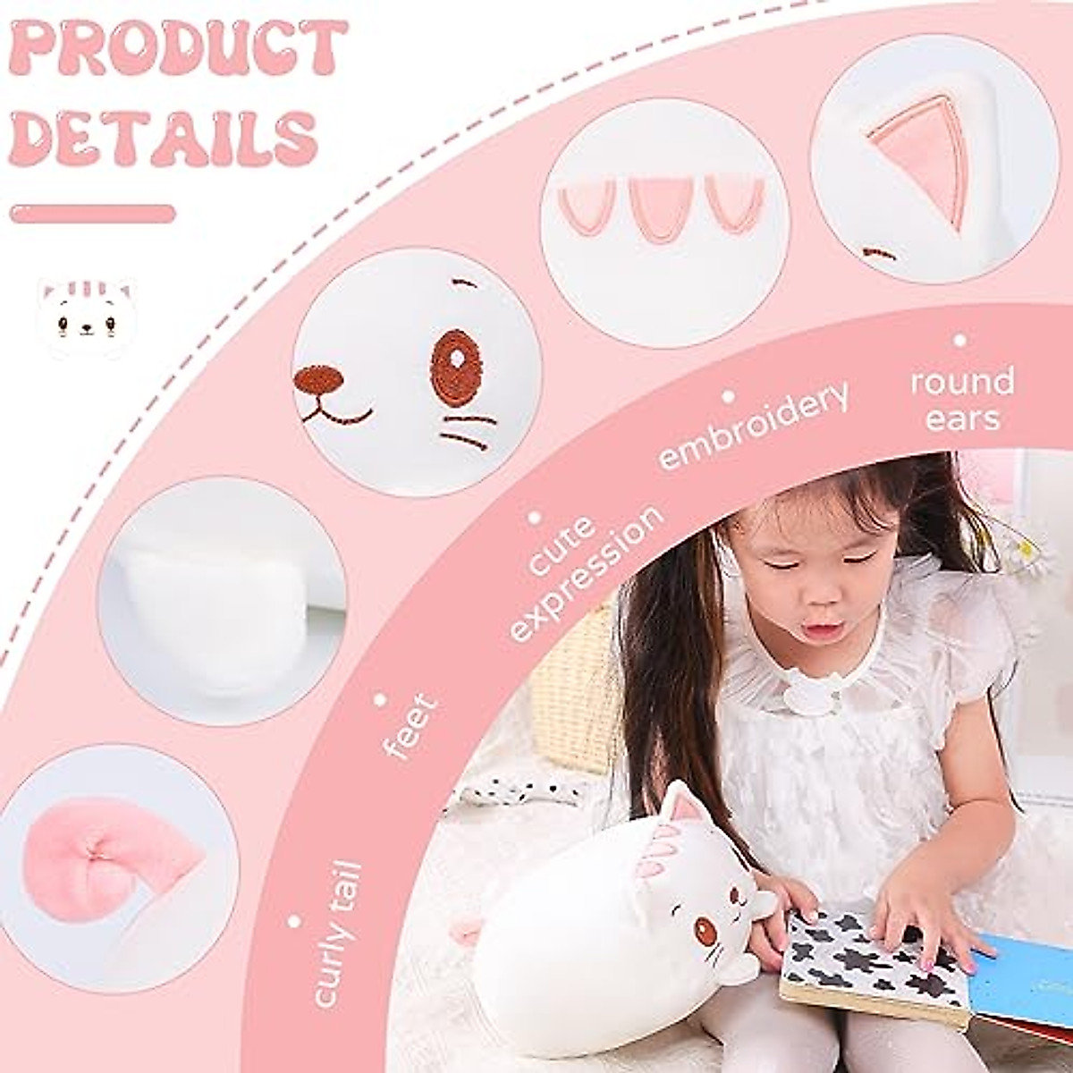 AIXINI 8 inch Cute White Cat Plush Stuffed Animal Cylindrical Body Pillow,Super Soft Cartoon Hugging Toy Gifts