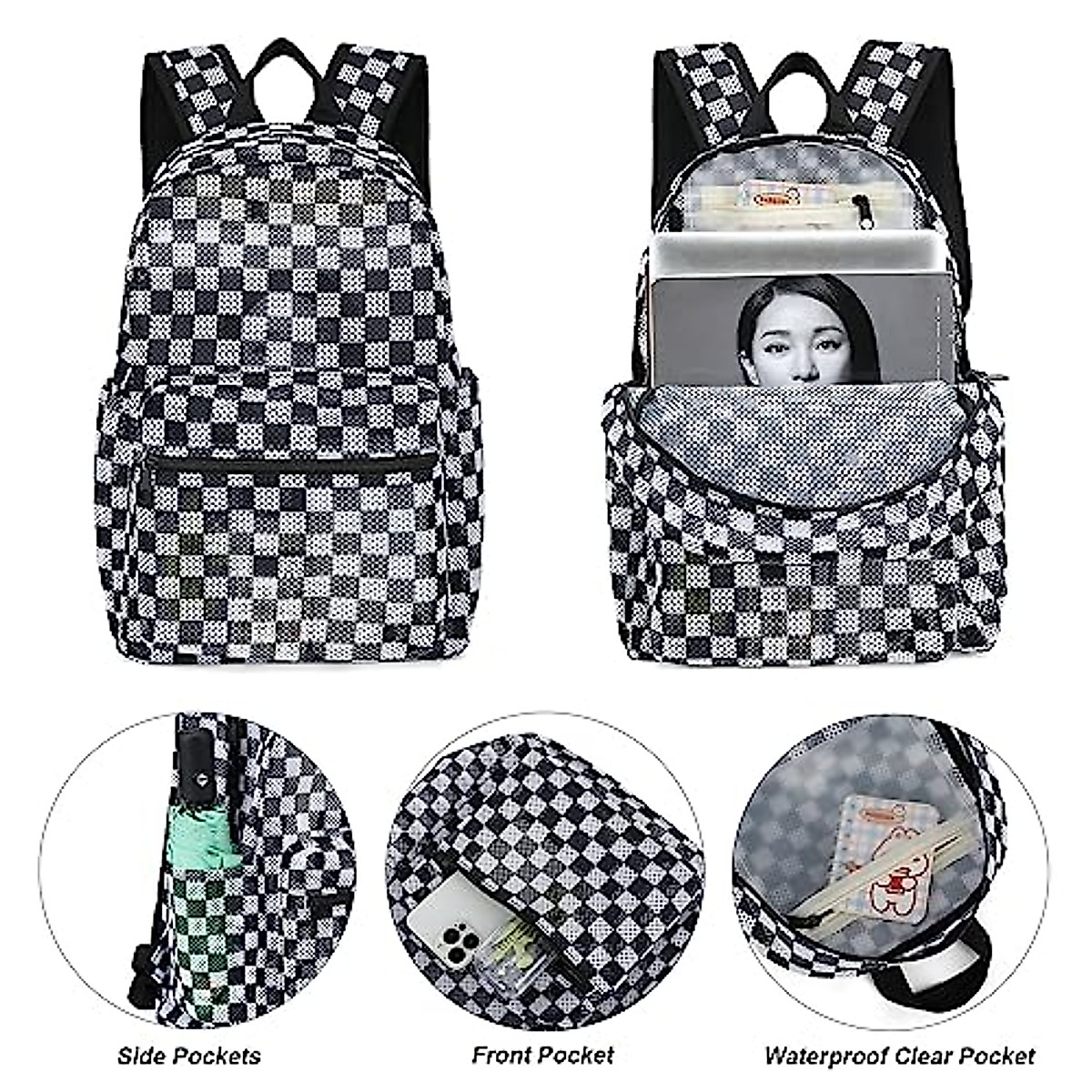 Yusudan Checkered Mesh Backpack for Girls, Kids Semi-Transparent School Bookbag Women See Through Beach Bag Daypack