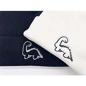 CZEVIP Dinosaur Funny Beanie Hat 2 Pack Warm Knit Winter Hat Black White Mens Ski Hat Snow Cap Beanies Slouchy Beanies for Men Women