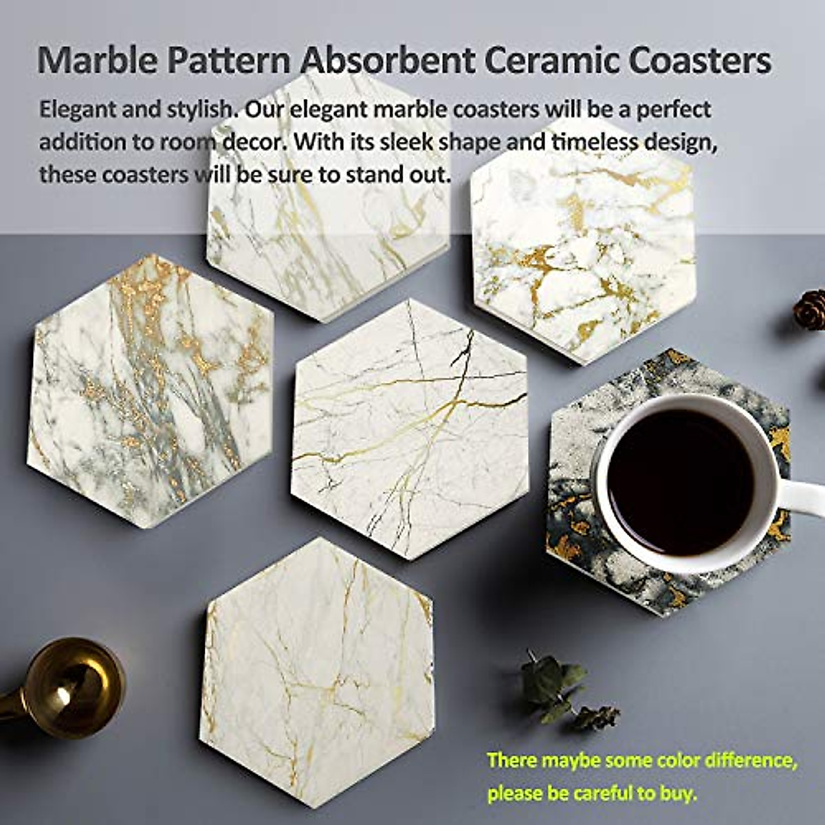 8 Pcs Drink Coasters with Metal Holder Stand, Marble Design Ceramic Coaster Set, Cork Base, for Tabletop Protection, Home Decor, Bar Coasters (Golden)