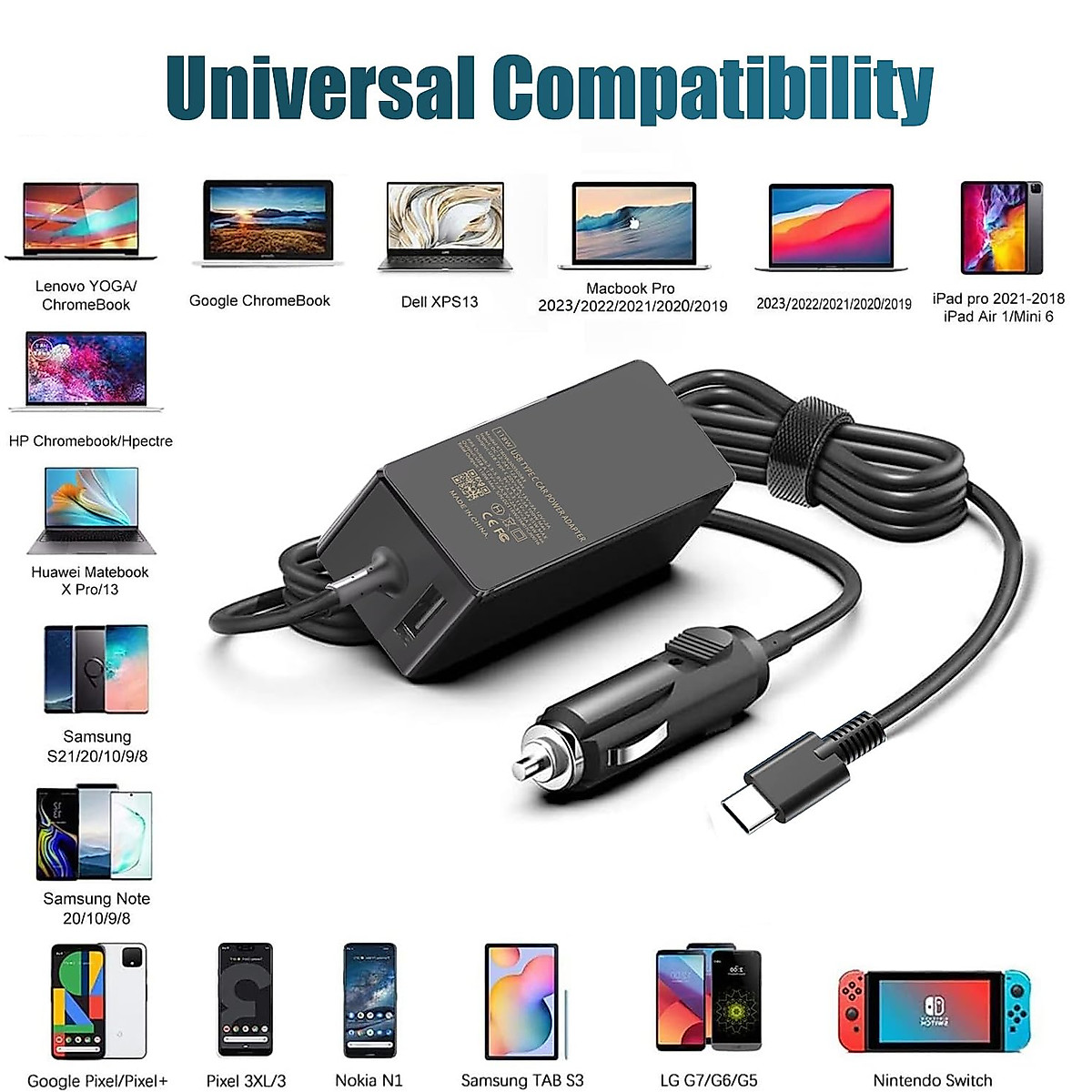 USB C Laptop Car Charger 100W USB C Charger for Lenovo Thinkpad/Yoga,Mac-Book Pro/Air, Dell HP Acer Asus LG Gram Samsung Toshiba Chromebook Charger, USB-A Port DC 5V 3A