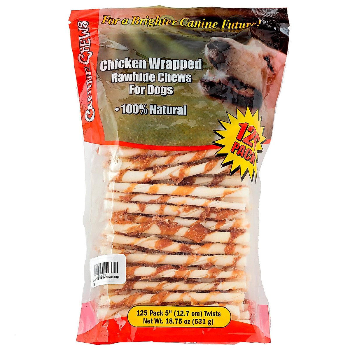 Canine Chews 5" Chicken Twist Sticks - Pack of 125 U.S.A. Sourced Chicken Wrapped Rawhide Dog Treats - Grain-Free & All-Natural Chicken Sticks for Dogs - Protein-Dense Chicken Wrapped Dog Treats