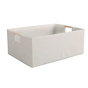 LaMorée Fabric Storage Bin Box Foldable Cotton Linen Storage Basket with Wooden Handles Rectangular Cube Decorative Home Nursery Laundry Organizer Clothes Blanket Container – Beige, Large