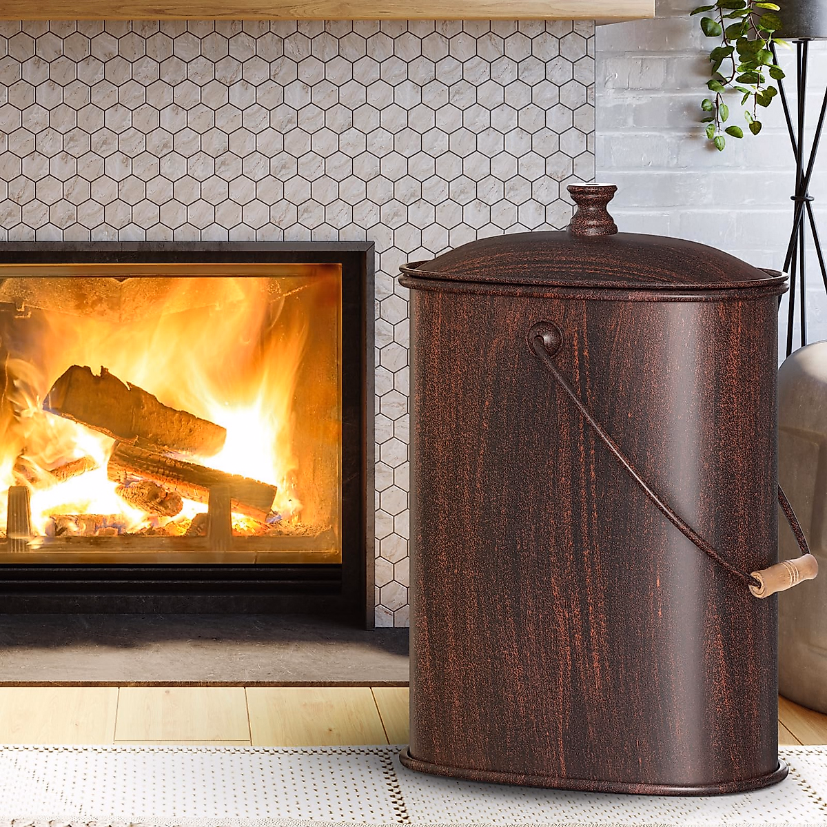 AMAGABELI GARDEN & HOME Ash Bucket with Lid Outdoor and Indoor Coal Bucket for Fireplace Medium Fire Bucket Metal Ash Can for Grill Charcoal Bucket Essential Tools for Indoor Fireplace Fire Pit Bronze