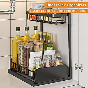 JTAGOO Under Sink Organizers and Storage, Metal L-shape Kitchen Organization 2-Tier Sliding Cabinet Organizer, Under Bathroom Sink Cabinet Organizer Shelf with Drawers, Black, 1 Pack