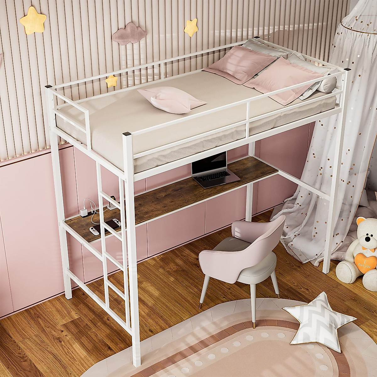 IKIFLY Metal Twin Size Loft Bed with Desk & Charging Station, Heavy Duty Loft Bed Frame with Safety Guard Rail and Ladder, Space-Saving Design, Noise Free, No Box Spring Needed - White