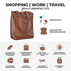 TAKEASY Women's Genuine Leather Italian Tote Bag with Zipper - Large Handbag for Shopping, Work and Travel (Camel)