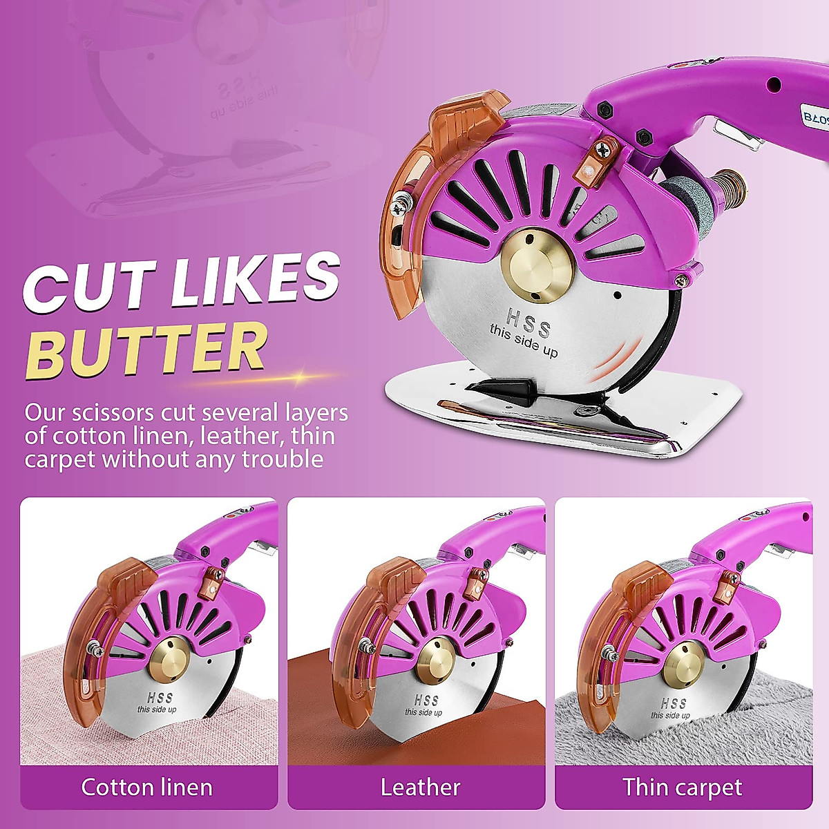 BAOSHISHAN Electric Fabric Rotary Cutter Heavy Duty Speed Adjustable Fabric Scissors Round Blade Cutting Machine for Multilayer Fabric Leather Cloth Carpet (100mm Plug-in Purple)