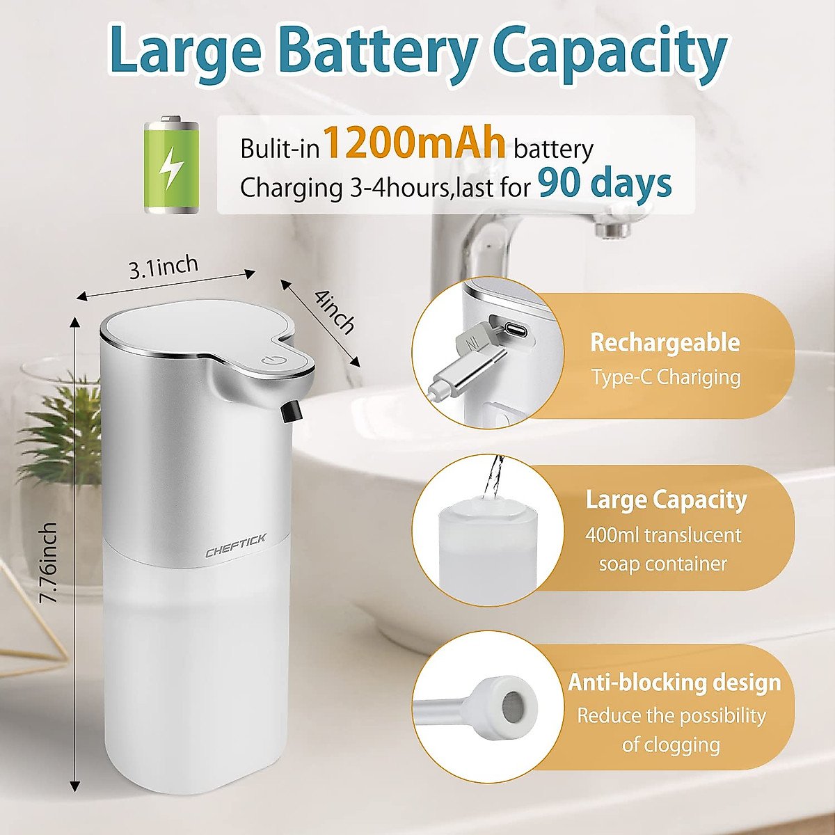 Cheftick Soap Dispenser, Automatic Foaming Soap Dispenser with 4 Adjustable Volume Control, Touchless Rechargeable Hands Free Auto Soap Dispenser for Kitchen, Bathroom, Hotel, Restaurant,13.5oz/ 400ml