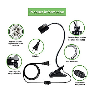 Tank Heat Light,Porcelain Reptile Heat Lamp,Turtle Basking Spot Lamp,Pet Habitat Clamp Clip On Heat Lamp, Aquarium UVA/UVB Light Lamp Holder with 86.6in Cable Dimmable Switch for Lizard Snake(No Bulb)