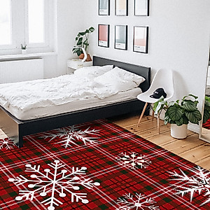 Merry Christmas Area Rug Indoor Carpet 2"x3", Winter Snowflakes On Red and Black Plaid Anti-Slip Low-Pile and Soft Accent Rug for Living Room Dining Room Bedroom