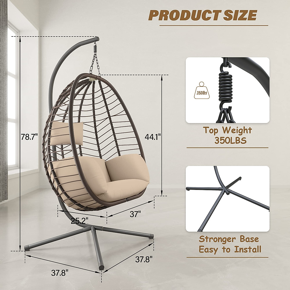 Delnavik Egg Chair with Stand Hammock Chair Wicker Rattan Patio Hanging Egg Chair, Indoor Outdoor Swing Egg Chair with Cushion Headrest for Patio Bedroom Porch Garden Balcony, Sand