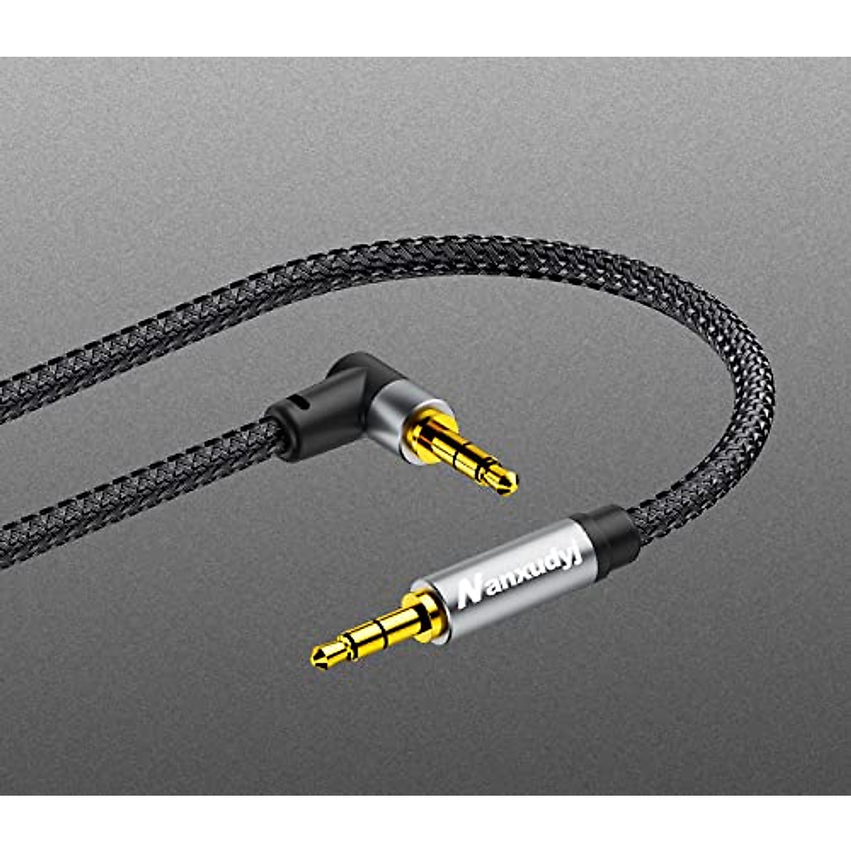 Nanxudyj aux Cord, 3.5mm Stereo Audio Cable 1ft, 90 Degree Short Aux Cable Aux 3.5mm Male to Male Right Angle TRS Cable Compatible for Headphone,Tablets, Speakers, 24K Gold Plated