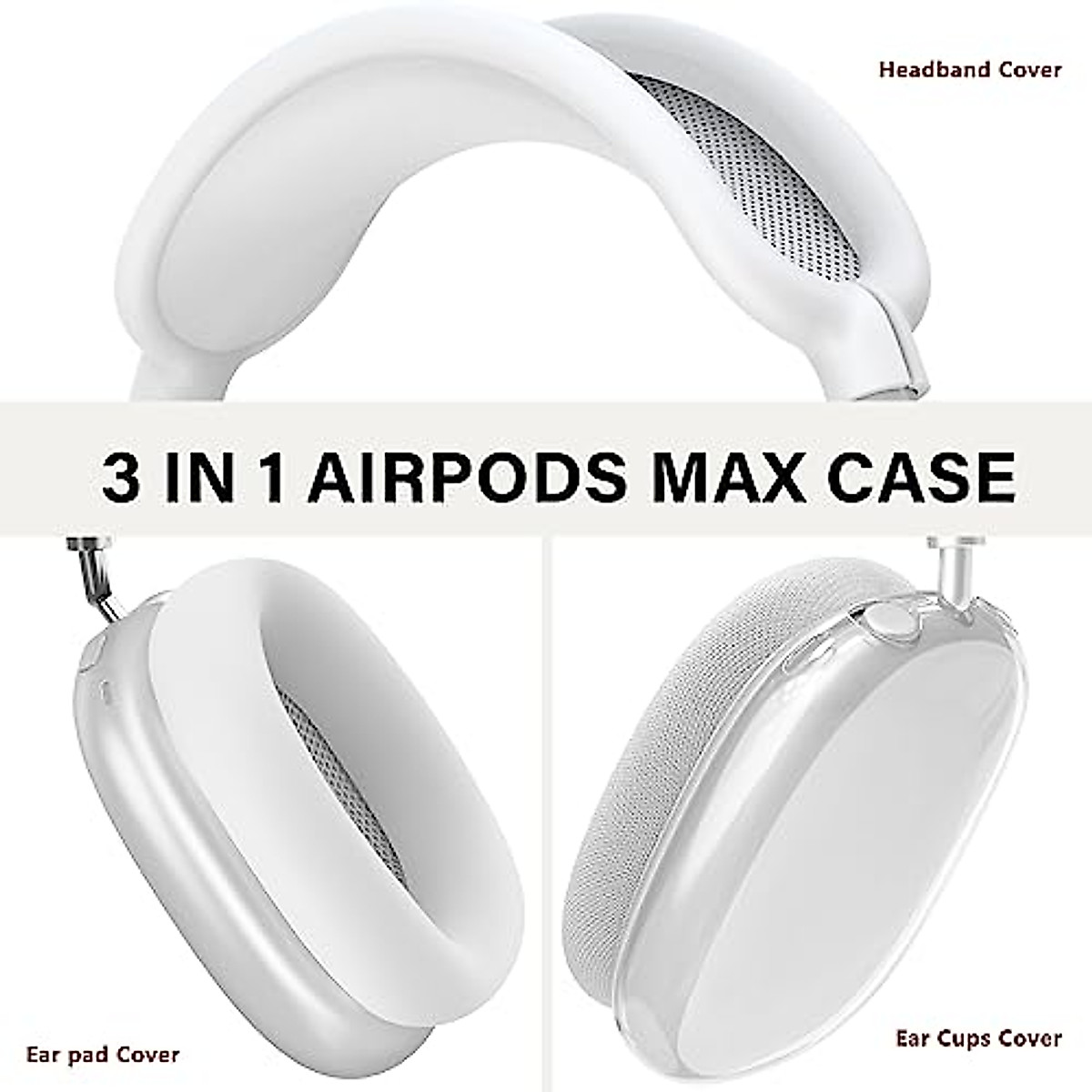 【3 in 1】 Silicone Case for AirPod Max,Clear Soft TPU Anti-Scratch Ear Cups Cover/Ear Pad Case Cover/Headband Cover for AirPods Max,Soft Silicone Accessories Protective Cover for Apple AirPods Max