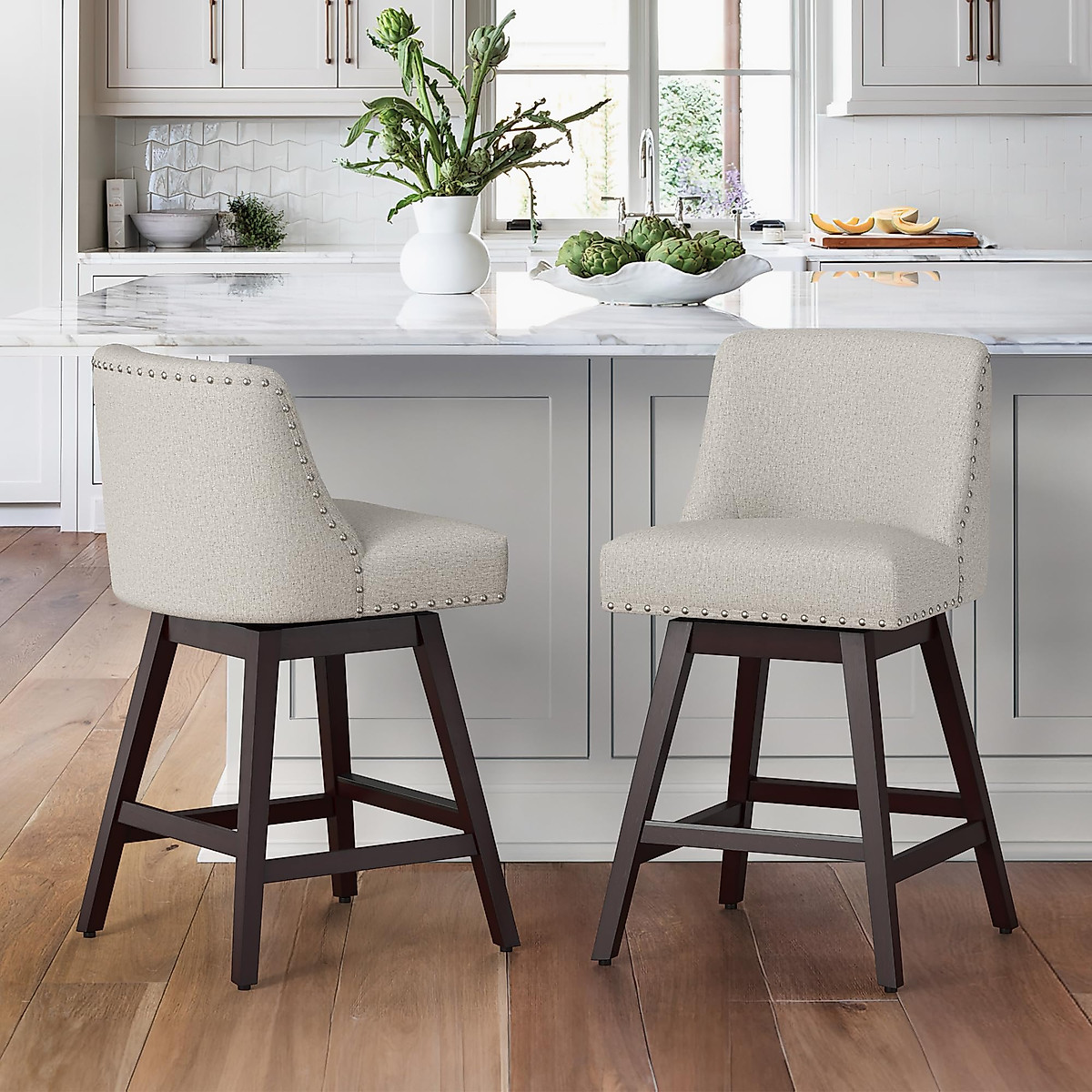 Cozyman 26 Inch Bar Stools Set of 3, Light Gray Swivel Counter Stools with Back, Linen Fabric Upholstered Barstools, Solid Wood Legs with Footrest, Modern Bar Stool for Kitchen Island, Pub