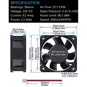 GDSTIME Dc 12V 60mm 6cm 60x60x25mm 2 Wire Brushless Cooling Fan