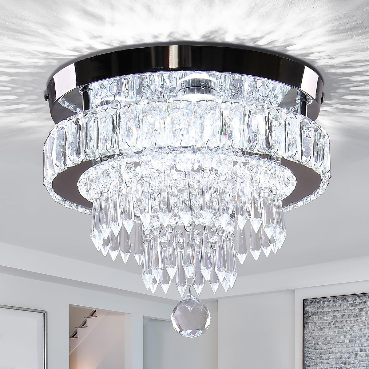 Finktonglan 11.8" Crystal Chandeliers, Modern Crystal Ceiling Light LED Small Chandeliers Semi Flush Mount Chandelier Room Light for Bedrooms Living Room Hallway (6500K White Light)