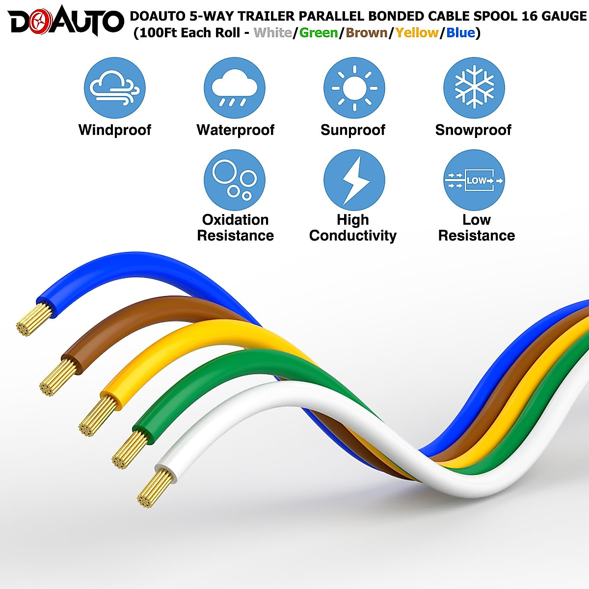 DOAUTO Enough 100Ft Enough 16AWG 5 Way Bonded Trailer RV Camper Towing Boat Wiring Harness Spool, Standard Primary 16AWG 5 Wire Ideal for All Basic Wiring Needs(Green, Yellow, Brown, Blue, White)
