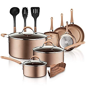 NutriChef PTFE/PFOA/PFOS 14-Piece Nonstick Kitchen Cookware, Set w/Saucepan, Frying Pans, Cooking Pots, Dutch Oven Pot, Lids, Utensil, Gold