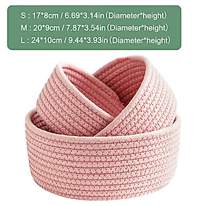 3-Piece Small Round Storage Basket Set Cotton Rope Woven Basket for Organizing, Key Tray, Nesting Bins Storage Organizer for Shelves, Closet, Counters, Entryway, Pink