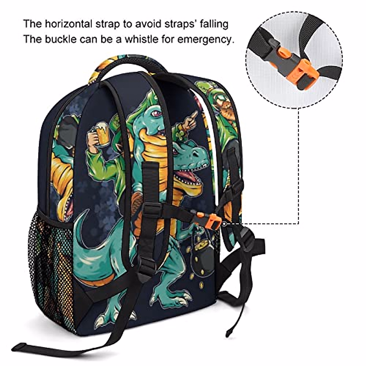 MEIKKO Green Dinosaur Backpack Saint Patrick's Day Leprechaun Large computer Bags with Chest Strap,Lightweight Casual Daypack for Women Men Hiking Travel Work and Business 16 Inch