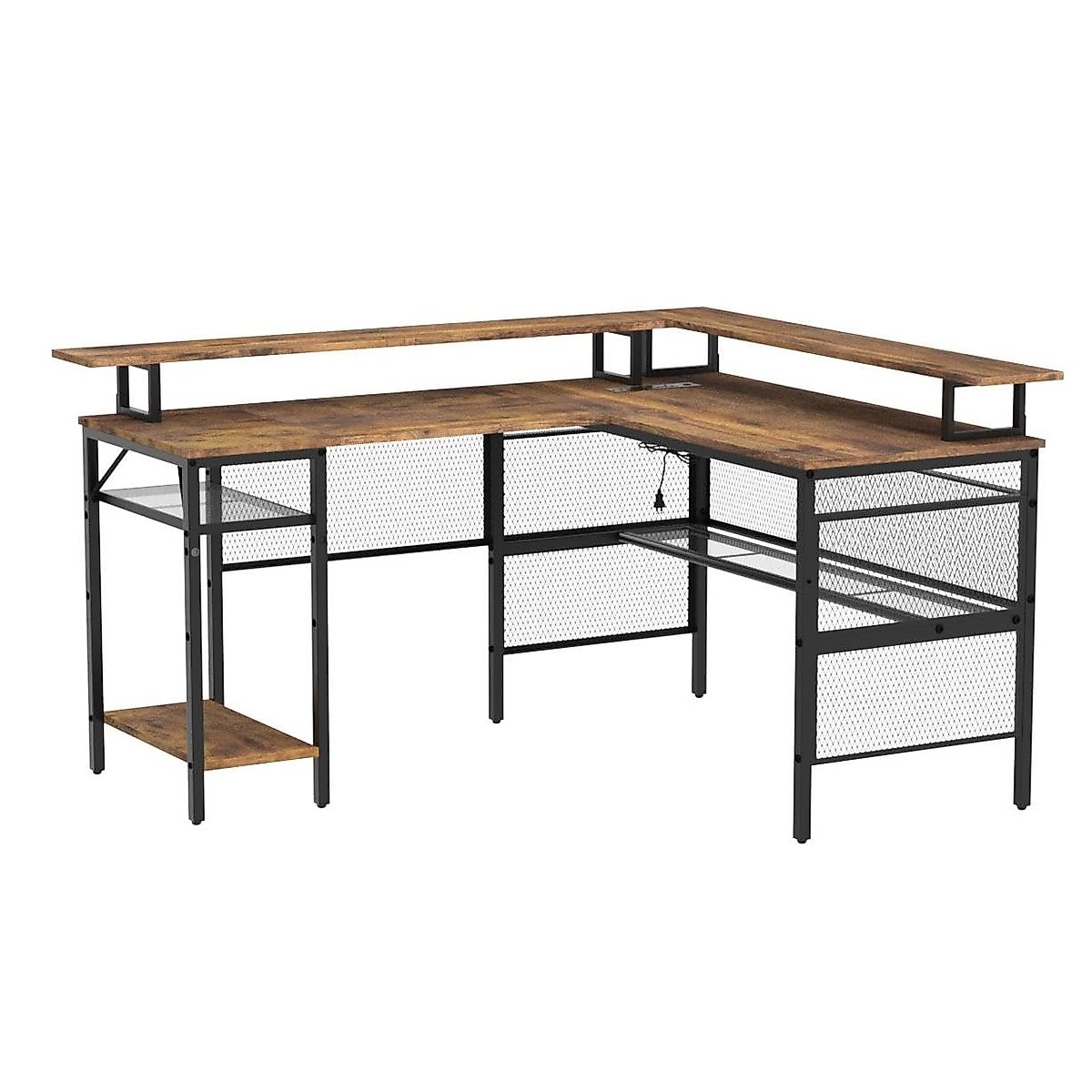 Unikito L Shaped Desk with LED Light and Power Outlet, Reversible Corner Computer Table with Monitor Stand and Storage Shelf, Modern L- Shaped Gaming Desk, Ergonomic Home Office Desk, Rustic Brown