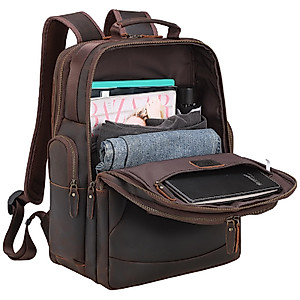 TIDING Vintage Full Grain Leather 17.3 Inch Laptop Backpack Large Camping Travel Weekender Daypack For Men 31.9L