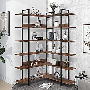 74.8” L-Shape Bookcase Shelf, 6-Tier Industrial Etagere Bookshelf Large Corner Etagere Bookcase with Metal Frame Corner Display Rack Storage Organizer for Living Room Bedroom Home Office, Brown