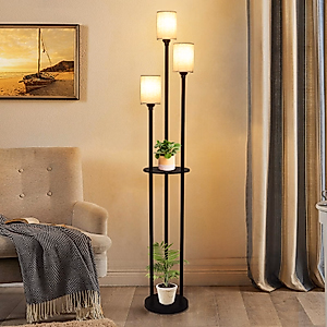 Stepeak Floor Lamp with Shelves, Modern Floor Lamps for Living Room, 3-Lights Standing Lamp with Linen Shade and Foot Switch, Industrial Standing Lamps for Bedroom, Black Tall Table Lamp for Office