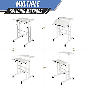 SFIHOME Small Standing Desk Adjustable Height and Angle, Computer Laptop Desk Home Office Sit Standup Desk, Portable Rolling Desk with Wheels, 2 Platforms, White