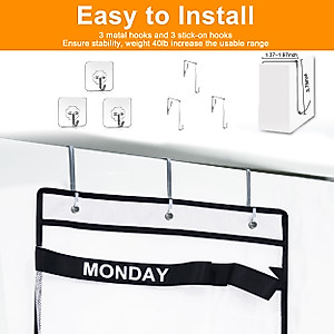 Weekly Kids Clothes Organizer Day of Week School, Over the Door Clothing Storage Organizer from Monday to Friday, Hanging Closet Organizer wtih 3 Metal hooks and 3 adhesive hooks for Nursery, Bedroom
