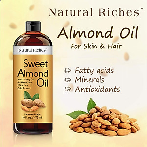 Natural Riches Sweet Almond Oil Cold Pressed, Triple A Grade, Pure and Natural Hexane free Soothing Vitamin E Oil for Skin, Facial Polish, Full Body Massages, Made in USA 16 FL oz.