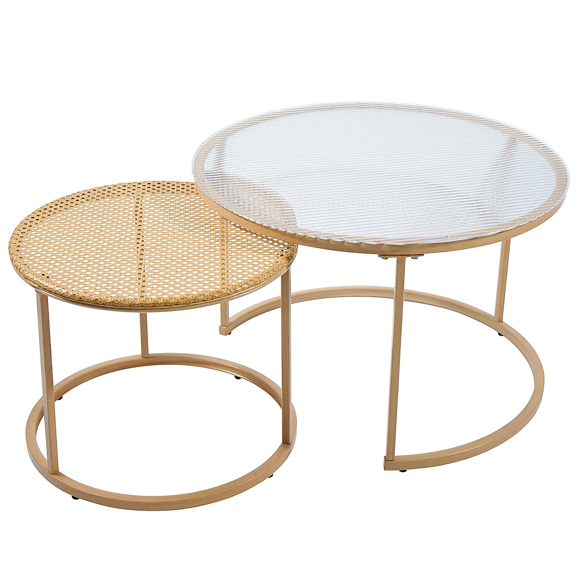 SunsGrove Outdoor Wicker Coffee Table Patio Furniture Garden Rattan Glass Table Center Table with Tempered Glass Top for Garden Lawn Porch Balcony, Gold
