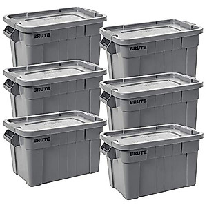 Rubbermaid Commercial Products BRUTE Tote Storage Bin with Lid, 20-Gallon, Gray, Rugged/Reusable Boxes for Moving/Camping/Garage/Basement Storage, Pack of 6