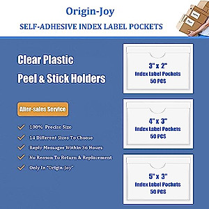 Origin-Joy 50 PCS Self-Adhesive Index Label Pockets, Clear Plastic Peel & Stick Card Holders with Top Open for Loading (2.5 x 1.5 inch)
