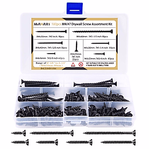 MIAHART 180 Pcs #7 Drywall Screw Assortment Coarse Thread harp Point Self Tapping Screws 7 Sizes Wood Screws for Drywall Sheetrock Wood Furniture and Cabinet (Black)