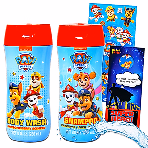 Paw Patrol Bathroom Set for Kids, Toddlers -- 4 Pc Paw Patrol Accessories Bundle with Shampoo, Body Wash, 300 Stickers, and More (Paw Patrol Bath Toys and Decor) Paw Patrol Bath Set