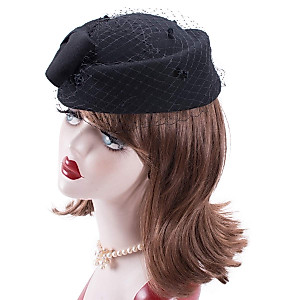 Lawliet Womens Dress Fascinator Wool Felt Pillbox Hat Party Wedding Bow Veil A080 (Black)