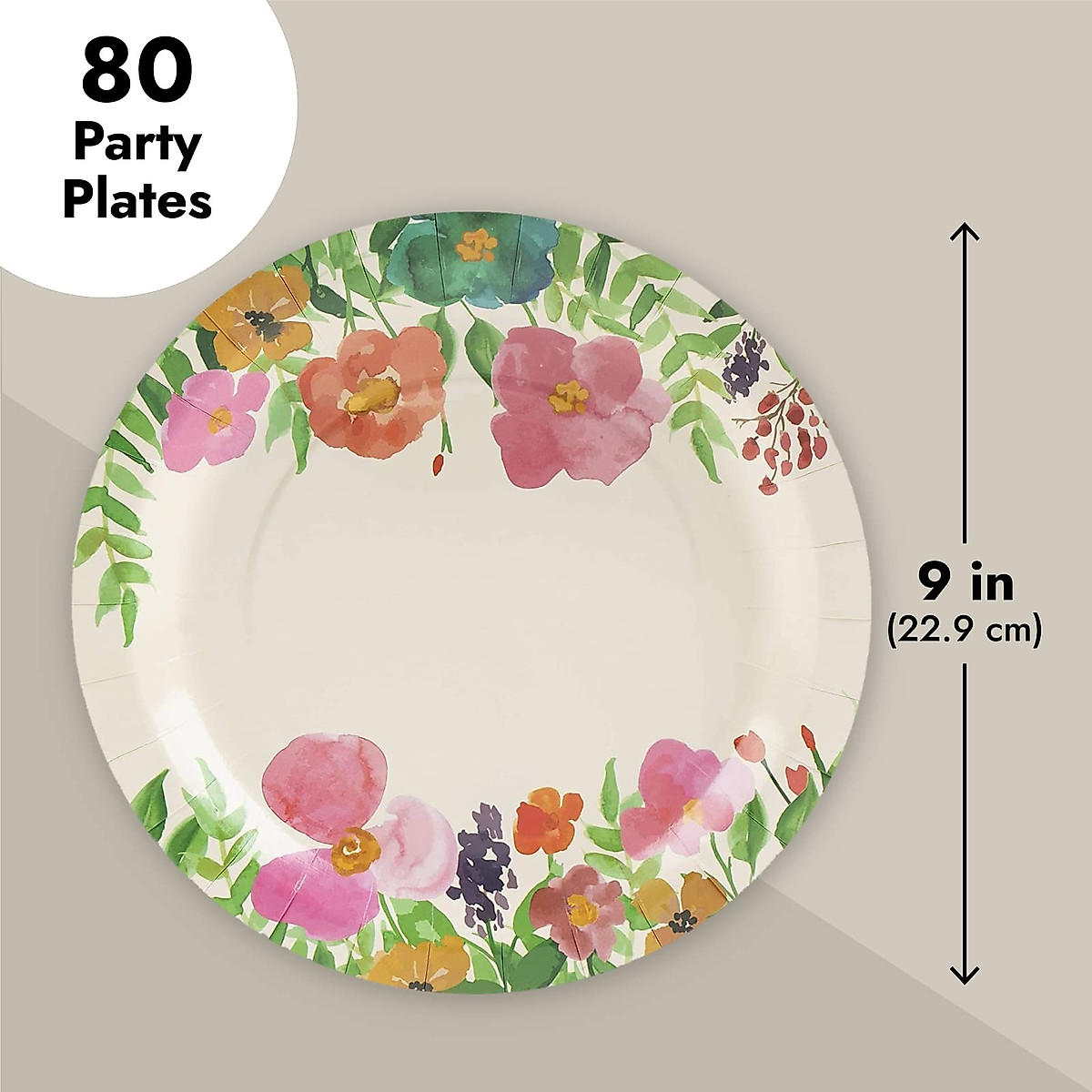 Juvale 80 Pack Disposable Watercolor Floral Party Plates, 9 Inches, Ideal for Tea Parties, Weddings, Bridals, Baby Showers, Outdoor Lunch