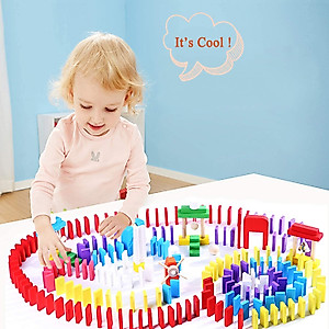 Wondertoys 600 PCS Dominoes Set for Kids Wooden Building Blocks 6 Colors Bulk Dominoes Racing Tile Games Educational Toy for Kids Birthday Party with 11 Add-on Blocks and 1 Storage Bag