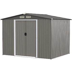 Goplus 8.5’ x 6.8’ x 6’ Outdoor Storage Shed, Weather-Resistant Utility Storage House w/Foundation, 4 Air Vents, Double Doors & Ramp, Galvanized Steel Tool Shed for Garden, Lawn, Patio, Yard