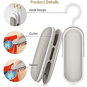 Mini Bag Sealer, Portable Sealing Bags Machine, Handheld Heat Food Vacuum Sealer Machine with Cutter and Hook for Snack, Plastic Bags, Storage, Potato Chip Cookie Bags (GRAY-WHITE 2PCS)