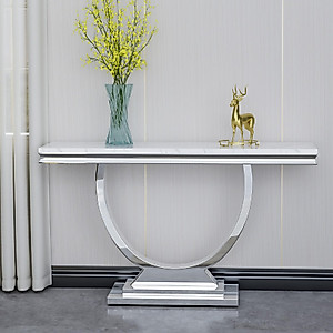 Modern Marble Console Table, Rectangular White and Silver Marble Sofa Table with U-Shape Stainless Steel Base with Silver Mirrored Finish for Living Room, Simple Assembly (Silver2)