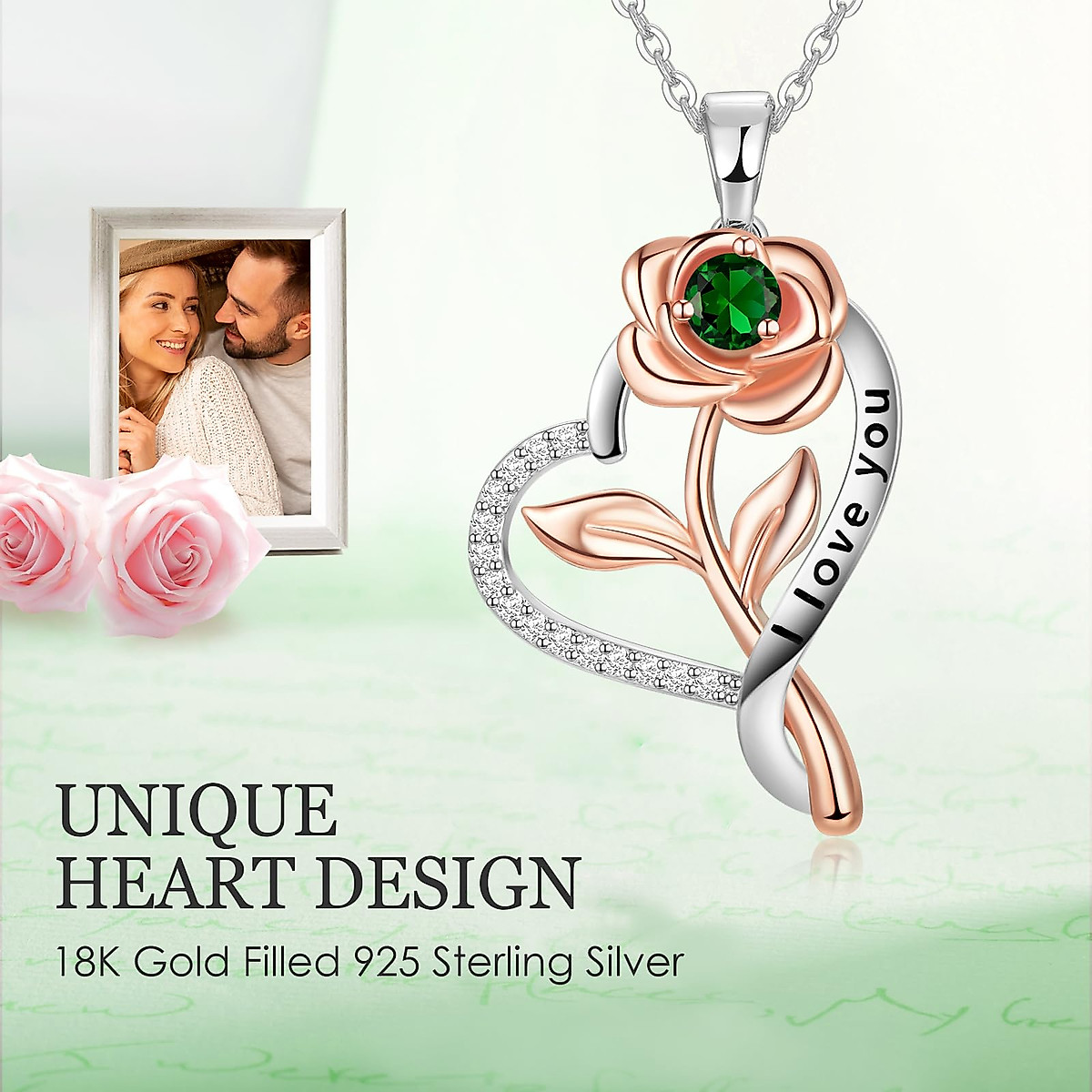 Wedding Necklace Ideas Gift for Her Birthday Gifts for Birthday Women Her Jewelry for Jewelry for Womens Gifts S925 Sterling Silver Diamond Rose Necklaces for Wife Valentines Day Christmas Wedding Necklaces(Silver-05-May-Emerald)